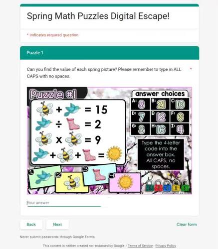 Spring Math Logic Picture Puzzles Digital Math Escape Room Activity