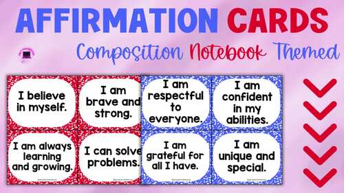Affirmation Cards for Elementary Students: Composition Notebook Themed