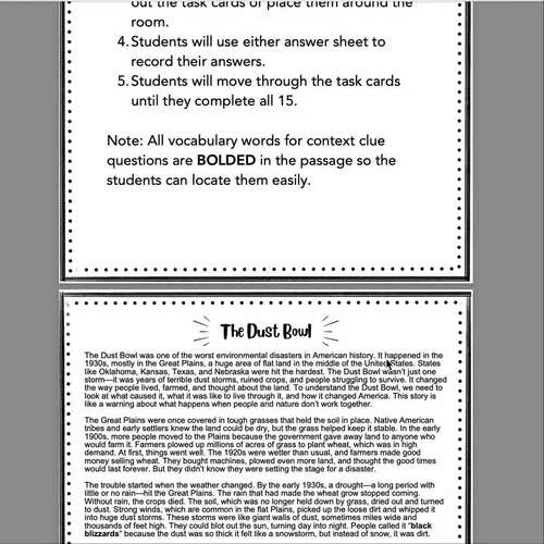 The Dust Bowl Close Reading Task Cards | US History, ELA & Vocabulary
