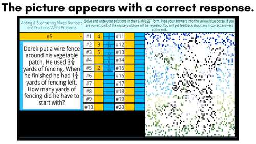 Adding and Subtracting Fractions & Mixed Numbers Word Problems Pixel Art