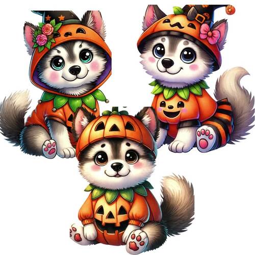 12 Halloween Cute Husky Dog Clipart PNG Set by V Design Art Shop