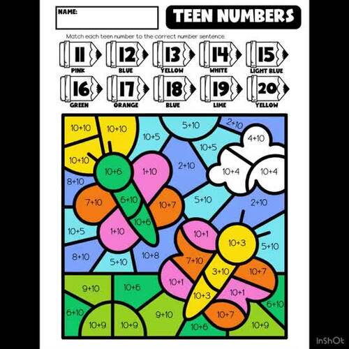 Teen Numbers Color-by-Skill Worksheets: Practice for K-1 Students ...