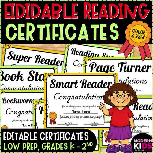 Editable Reading Certificates & Awards End of Year - Printable ...