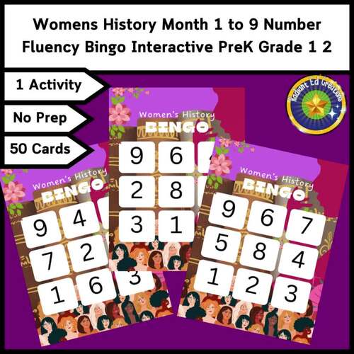 Womens History Month 1 to 9 Number Fluency Bingo Interactive PreK Grade 1 2