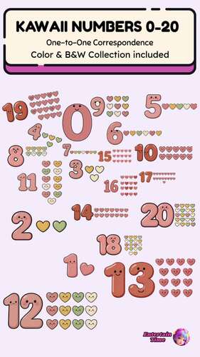 Boho Kawaii Numbers 0-20 Clipart | Counting Hearts | Color and B&W