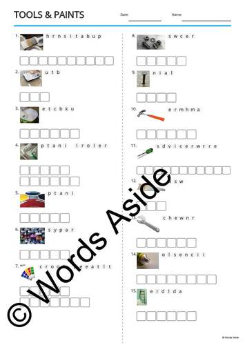 Vocabulary Worksheets Cards Word Search Anagram TOOLS by Words Aside