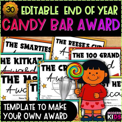 End of the Year EDITABLE Candy Bar Awards Certificates for Student ...