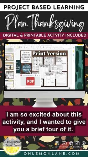 November Plan Thanksgiving Dinner Meal Math ELA Project Activities PBL ...