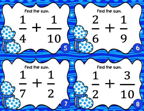 Adding Fractions with Unlike Denominators Task Cards Winter Theme