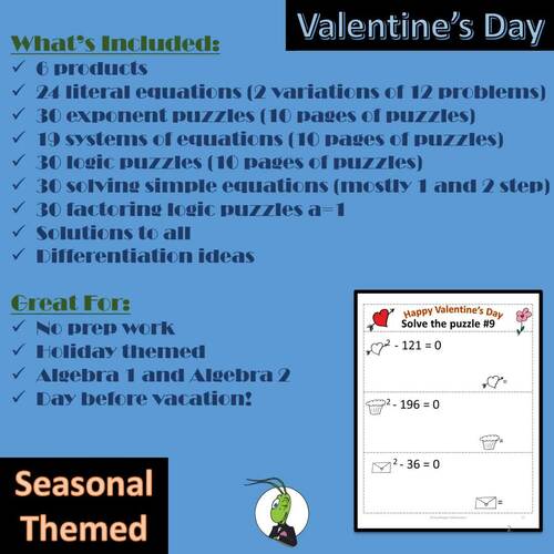 Valentines Day Logic Puzzles | Algebra | Integers | Logic | Exponents ...