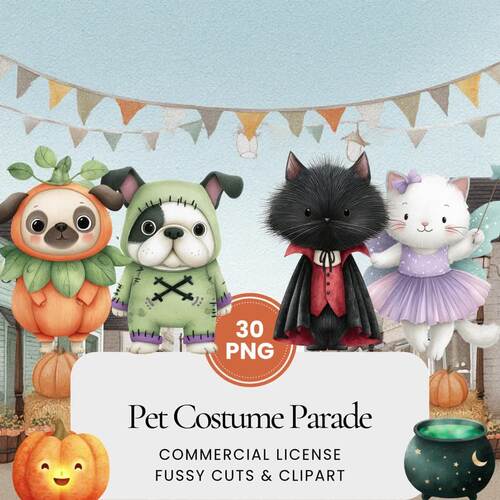 Pet Costume Parade Halloween Watercolor Clipart by Ikota Design | TPT