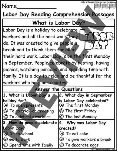 10 Labor Day Reading Comprehension Passages | 1st Grade 2nd Grade 3rd Grade