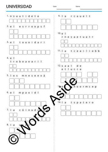 Spanish Word Games Cards Crossword Word Search Anagram UNIVERSITY