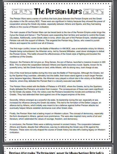 The Persian Wars Reading Worksheet | Ancient Greece Comprehension & Writing