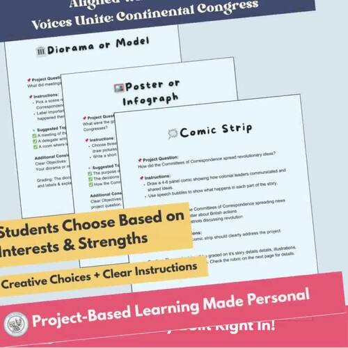 5th Grade History Choice Board: PBL Continental Congress & Colonial Protest