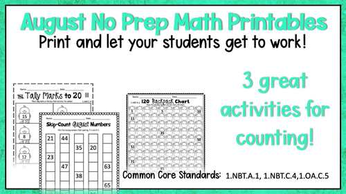 August First Grade No Prep Math Worksheet Activity Packet by Fiddleheads