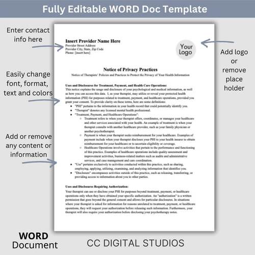 Notice of Privacy Practices for Minors, HIPAA Therapist Office Template ...