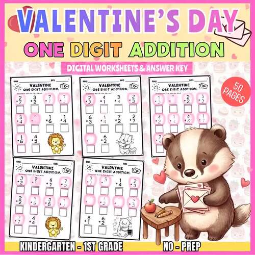 Valentine’s Day, One Digit Addition, Math Worksheets, No Prep ...