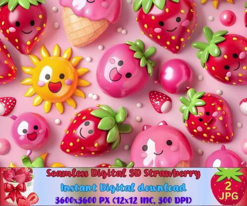 Summer Sweet Ice Cream Strawberries 3D Seamless pattern, Strawberry ...
