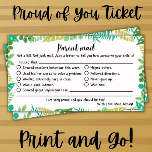 Proud of You Ticket Parent Mail Letter Tropical Leaves Theme EDITABLE