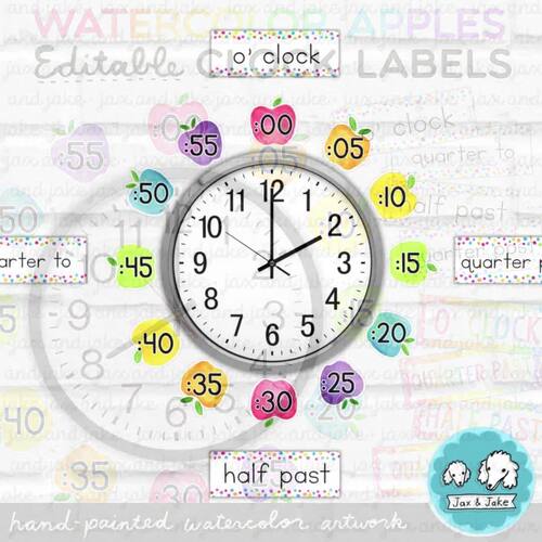 Editable Watercolor Apple Clock Labels - Telling Time Rainbow Classroom ...