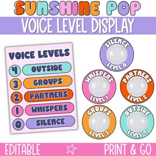 Editable Voice Level Posters, Retro Groovy Push Lights Noise Level Display