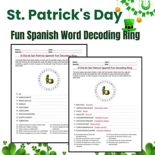 St. Patrick's Day Spanish Vocabulary Puzzles Decoder Ring el Día de San ...