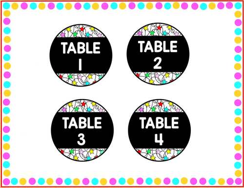 Black and Bright Stars Table Numbers, Editable Table, Team and Group ...