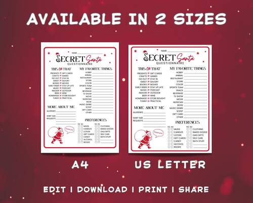 Staff Secret Santa Questionnaire Editable PDF from Parents, PTO ...