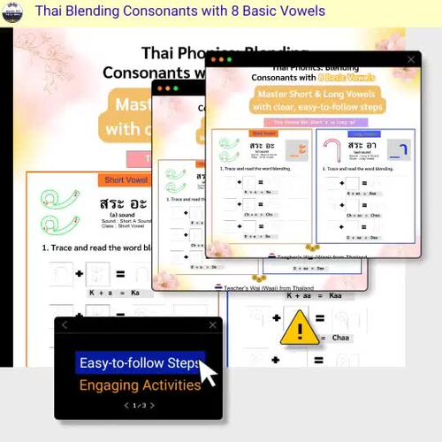 Thai Phonics: Blending Consonants & 8 Basic Vowels | 12 Reading Worksheets