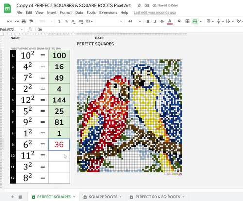 Perfect Squares and Square Roots Digital Pixel Art Activity by Algebra ...