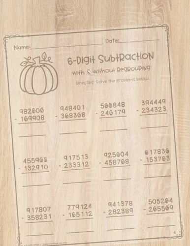 Fall 6 Digit Subtraction Worksheets With &Without Regrouping Autumn ...