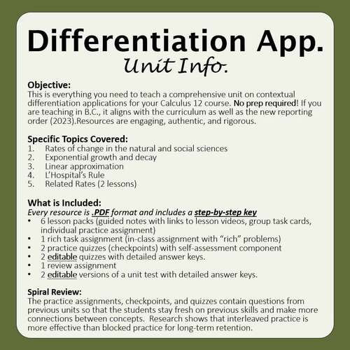 Calculus 12 Contextual Applications Of Derivatives Unit Bundle No Prep
