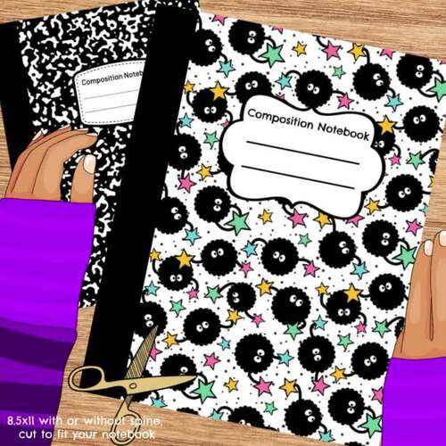 Printable Composition Notebook Book Cover Kawaii Soot Sprites PNG PDF