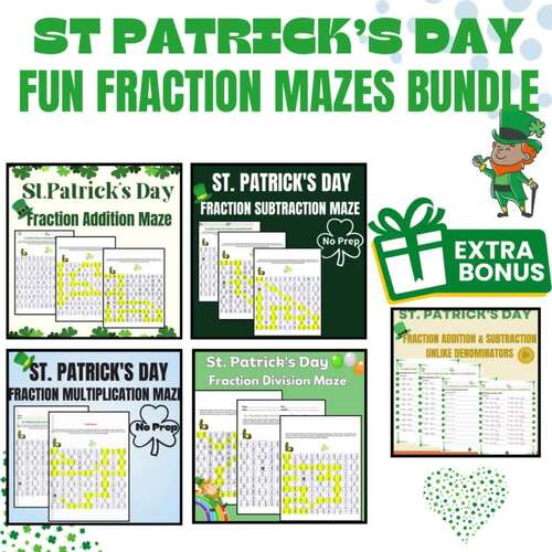 St Patricks Day Fraction Maze Bundle Add, Subtract, Multiply, and ...