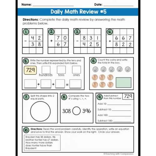 Daily Math Review Worksheets Grade 2 (3-digit numbers) Set 2 | TPT