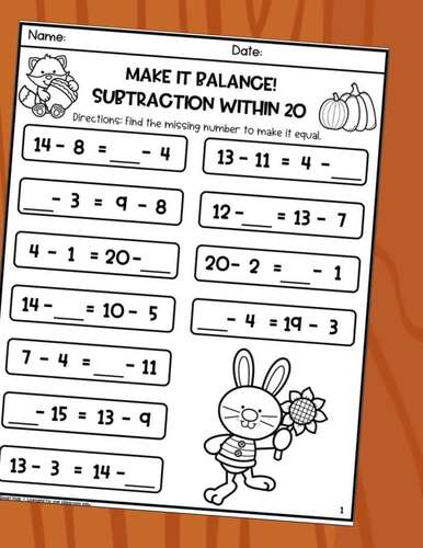 Fall Balancing Subtraction Equations Within 20 Missing Number ...