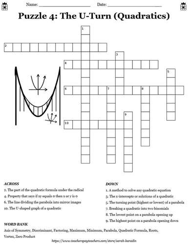 Algebra 1 Final Exam Review Math Crossword Puzzles with word Bank