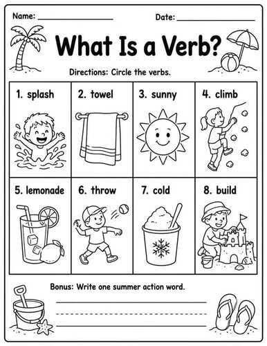 Summer Verbs Worksheets | Action Words Grammar Activities for 1st & 2nd ...