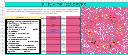 Día de los Reyes Digital Reading Activity Mystery Picture Spanish Pixel Art