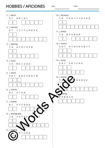 Spanish English Bilingual Vocabulary Worksheets Cards Puzzles Games HOBBIES