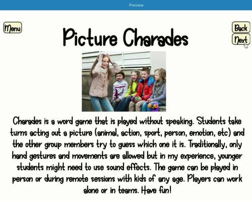 Picture Charades Group Game Boom Cards + Printable Games Speech Therapy ...