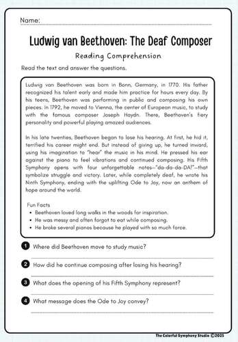 Composer Reading Comprehension Passages Vol. 1 | Music History & ELA