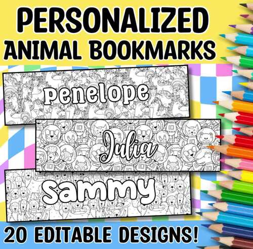 Personalized Coloring Bookmarks | Name Plates | EDITABLE! | Animal Doodles