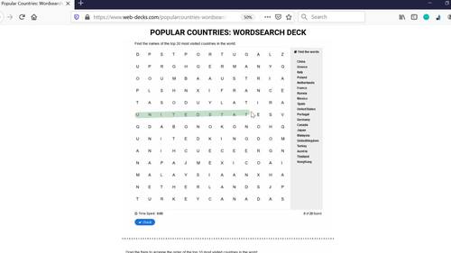 Popular Countries | Digital Word Search Game with Drag and Drop Activity