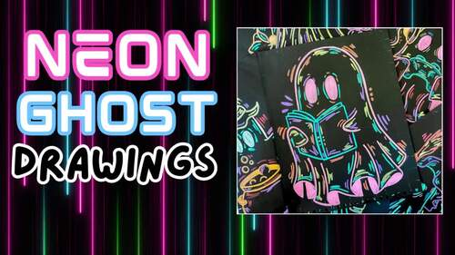 Spooky Neon Ghost Grid Drawing, Halloween Art Project, Middle School