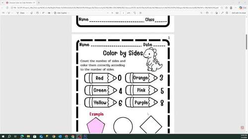 Dinosaur Color by Sides Worksheets | 2D Shapes Geometry | Pre-K & K