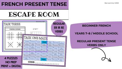 French Escape Room Present Tense | Regular Verbs ER IR RE | Print Digital