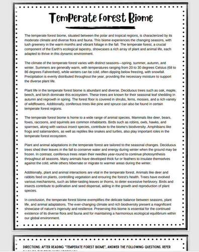 Temperate Forest Biome Comprehension Worksheet with Writing Task