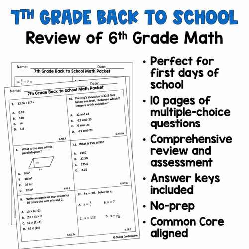 Back to School Math Activities for 7th Grade Math - Review of 6th Grade